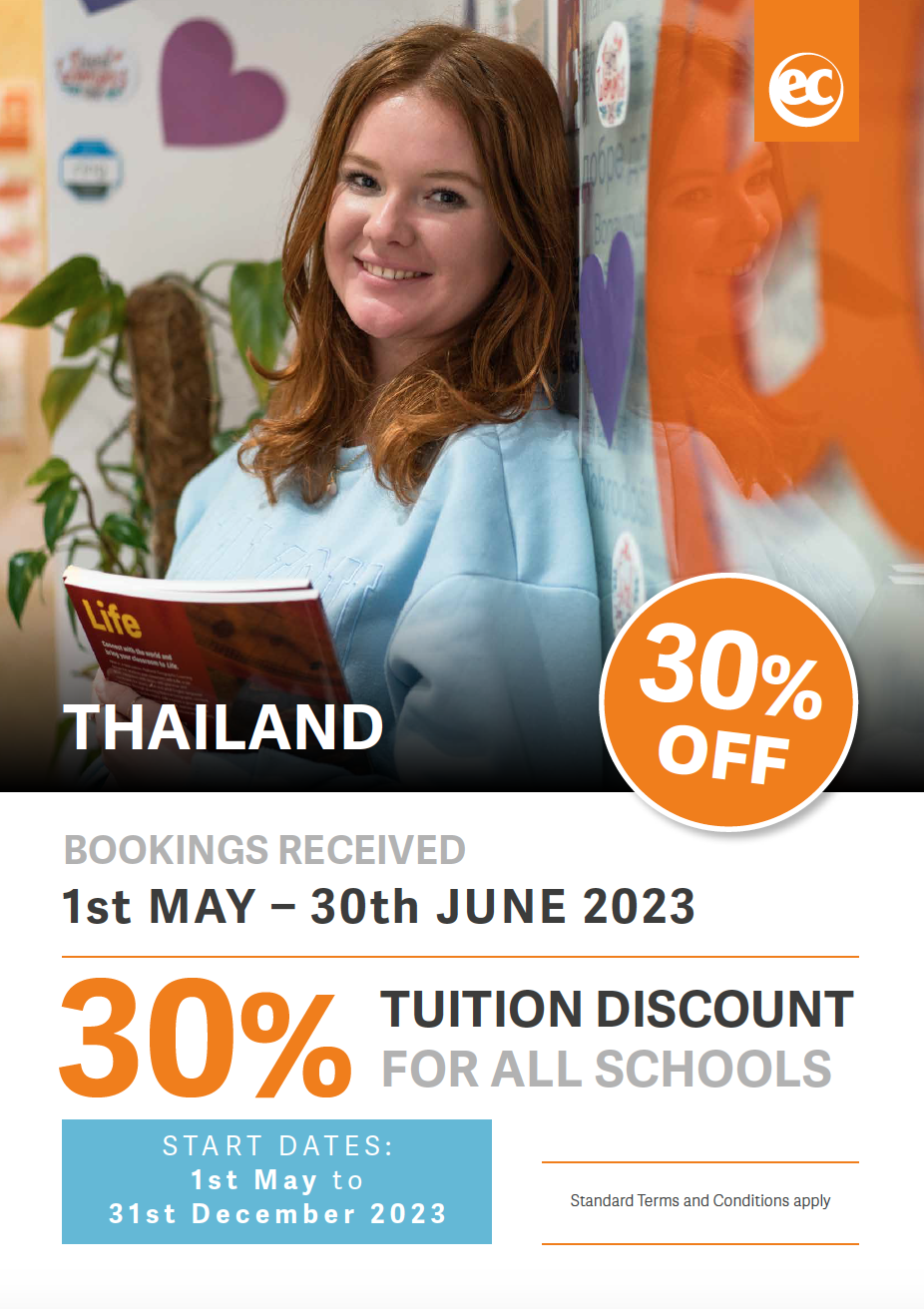 รับส่วนลดค่าเรียน 30% เมื่อสมัครเรียนภาษาที่ต่างประเทศกับ EC